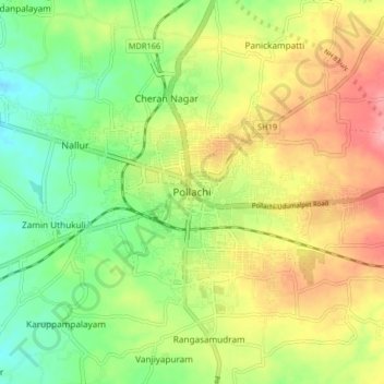 Pollachi地形图、海拔、地势