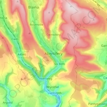 Abertillery地形图、海拔、地势