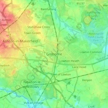 Golborne地形图、海拔、地势