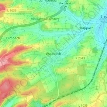 Waldbach地形图、海拔、地势