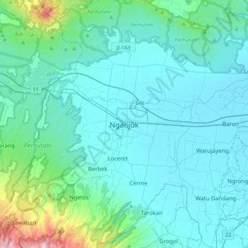 Nganjuk地形图、海拔、地势