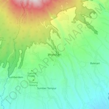 Wonosari地形图、海拔、地势