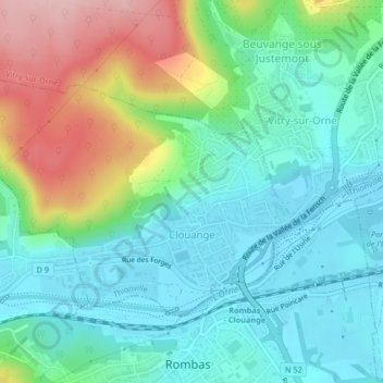 Clouange地形图、海拔、地势