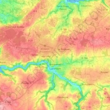 Lannion地形图、海拔、地势
