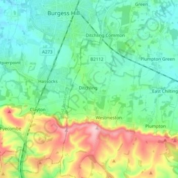 Ditchling地形图、海拔、地势