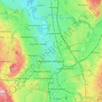 Kempten (Allgäu)地形图、海拔、地势