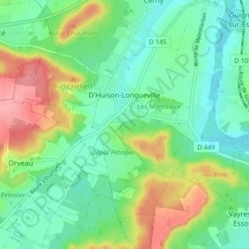 D'Huison-Longueville地形图、海拔、地势