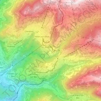 Gryon地形图、海拔、地势