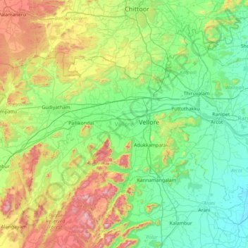 Vellore地形图、海拔、地势