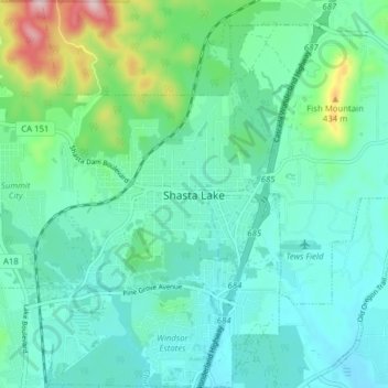 Shasta Lake地形图、海拔、地势