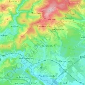 Bexbach地形图、海拔、地势