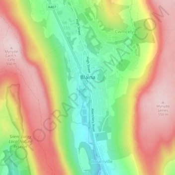 Blaina地形图、海拔、地势