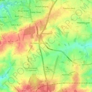North Weald Bassett地形图、海拔、地势