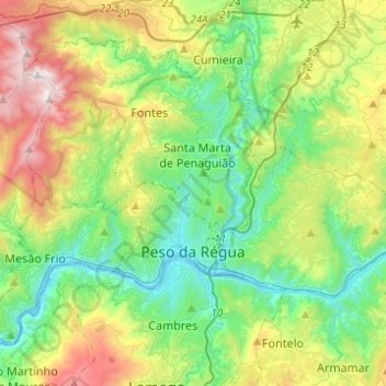 Peso da Régua地形图、海拔、地势