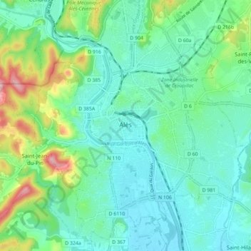 Alès地形图、海拔、地势