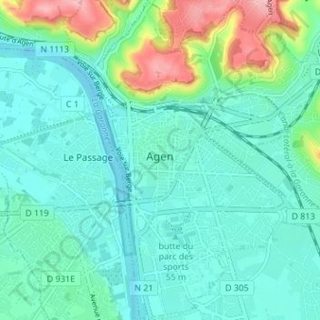 Agen地形图、海拔、地势