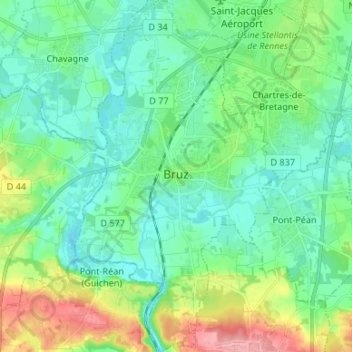 Bruz地形图、海拔、地势