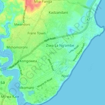 Nyali地形图、海拔、地势