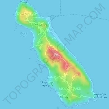 Mathraki地形图、海拔、地势