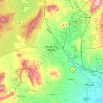 Monòver / Monóvar地形图、海拔、地势