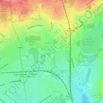Llanishen地形图、海拔、地势