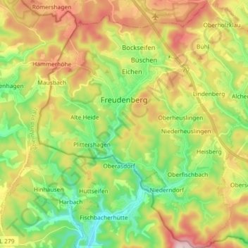 Freudenberg地形图、海拔、地势