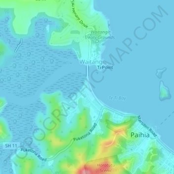 Te Tii Waitangi Marae地形图、海拔、地势