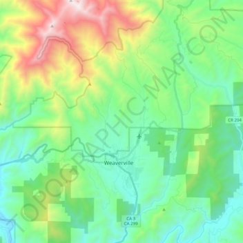 Weaverville地形图、海拔、地势